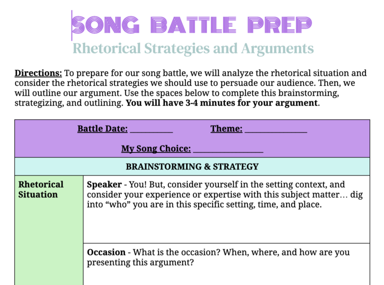 Song Battle Project: Teaching Songs with Rhetorical Analysis · LETTERS ...